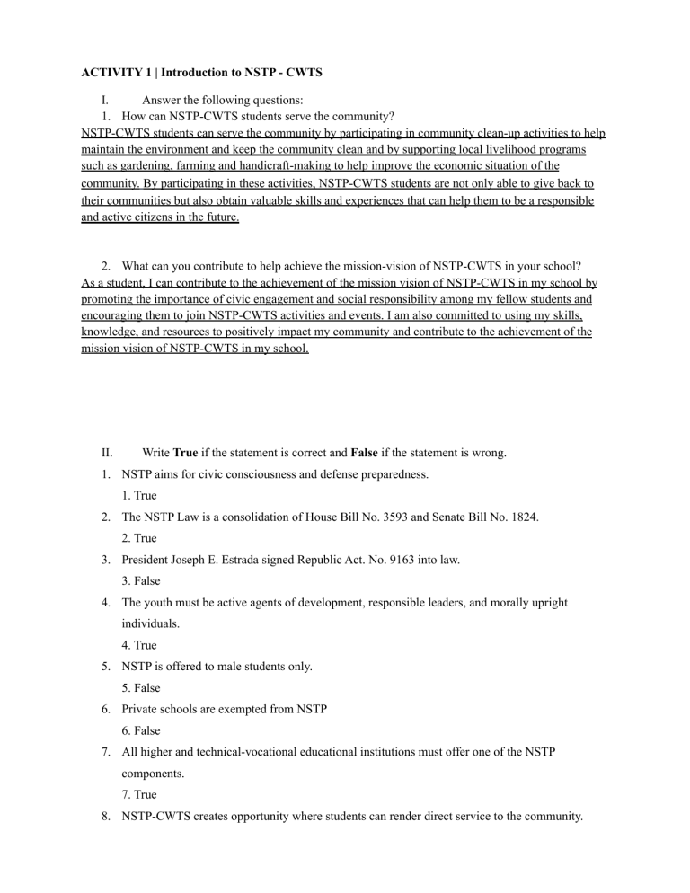 NSTP CWTS Introduction Activity Sheet NSTP CWTS Introduction Activity Sheet