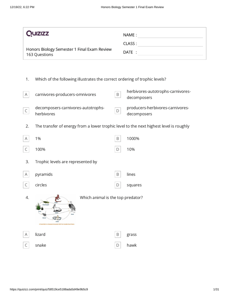 Honors Biology Semester 1 Final Exam Review Honors Biology Semester 1 Final Exam Review