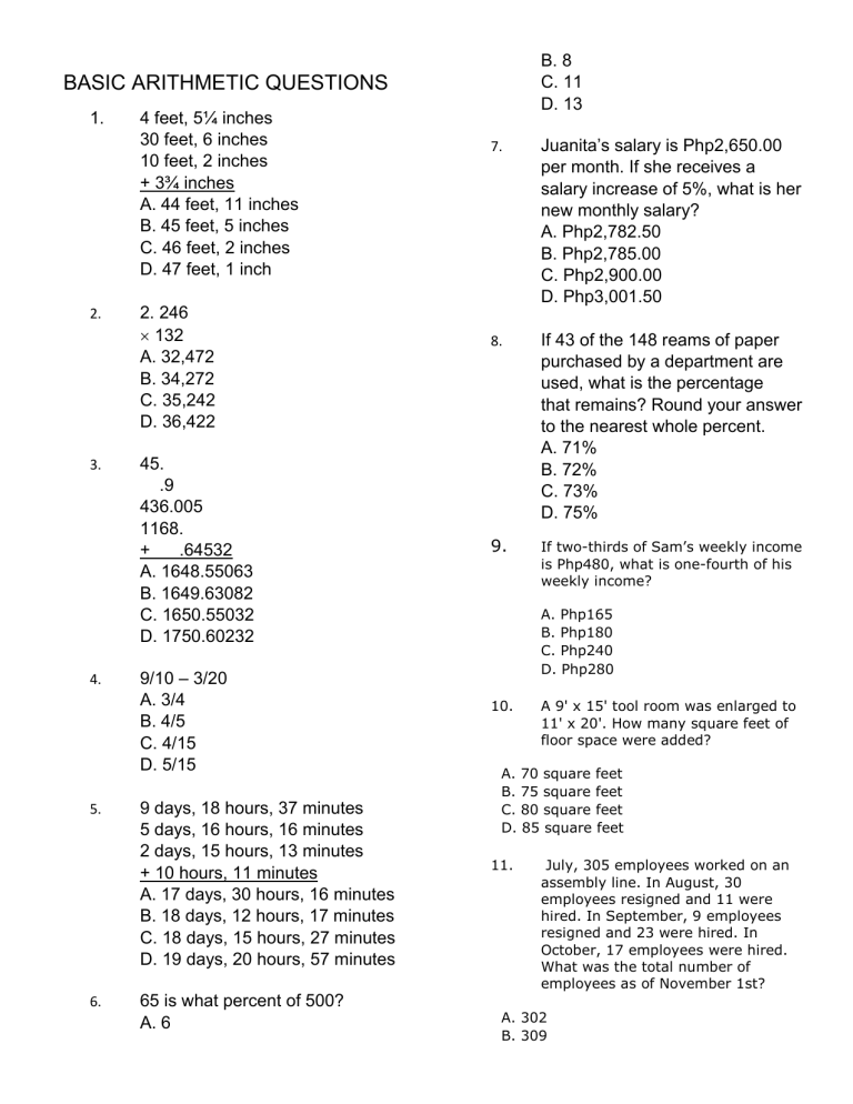 BASIC ARITHMETIC QUESTIONS