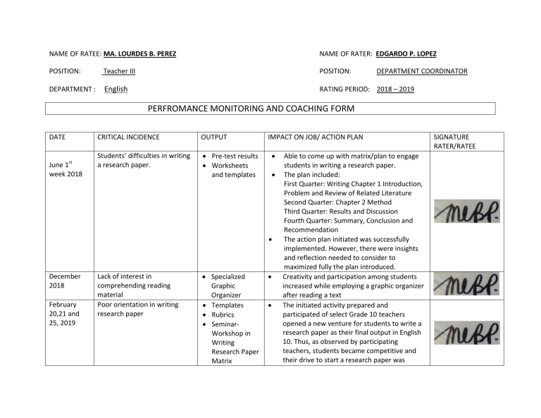 PERFORMANCE MONITORING AND COACHING FORM SAMPLE 1 