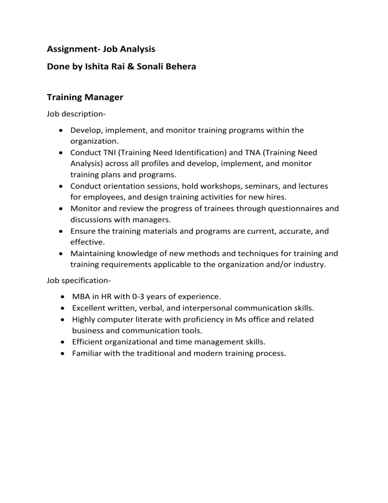 Training Manager Job Analysis Assignment