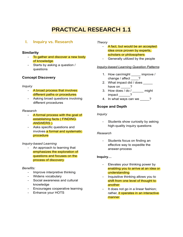 Inquiry Vs Research Practical Research 1 1 Notes Inquiry Vs Research Practical Research 1 1 Notes