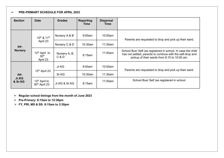 PRE PRIMARY SCHEDULE FOR APRIL 2023 PRE PRIMARY SCHEDULE FOR APRIL 2023