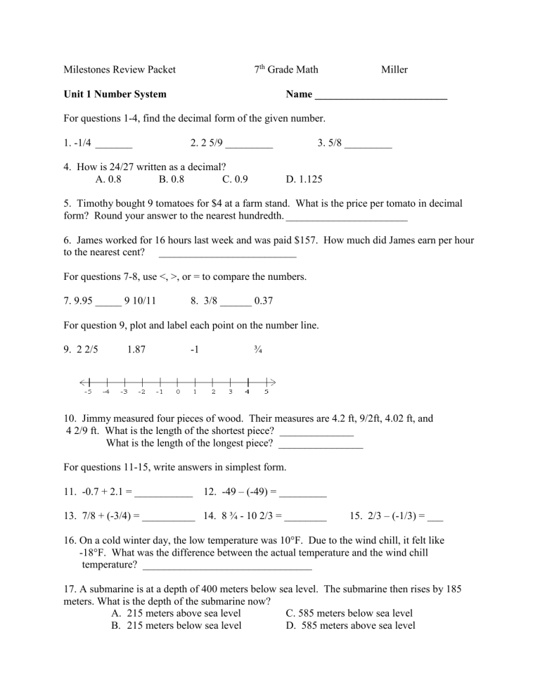 Milestones Review Packet 7th Grade Math 1 