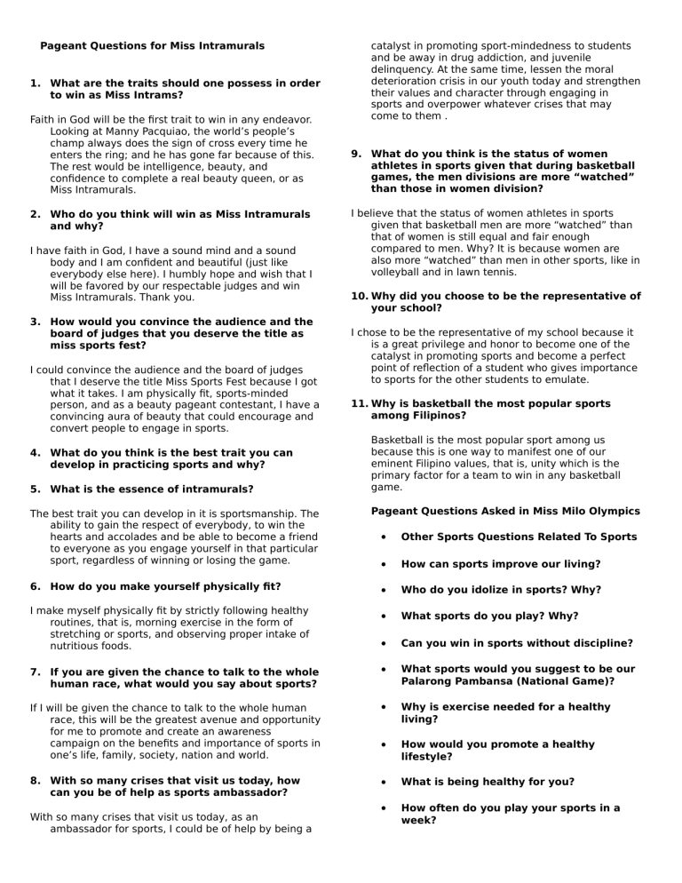 Pageant Questions Miss Intramurals Milo Olympics Pageant Questions Miss Intramurals Milo Olympics