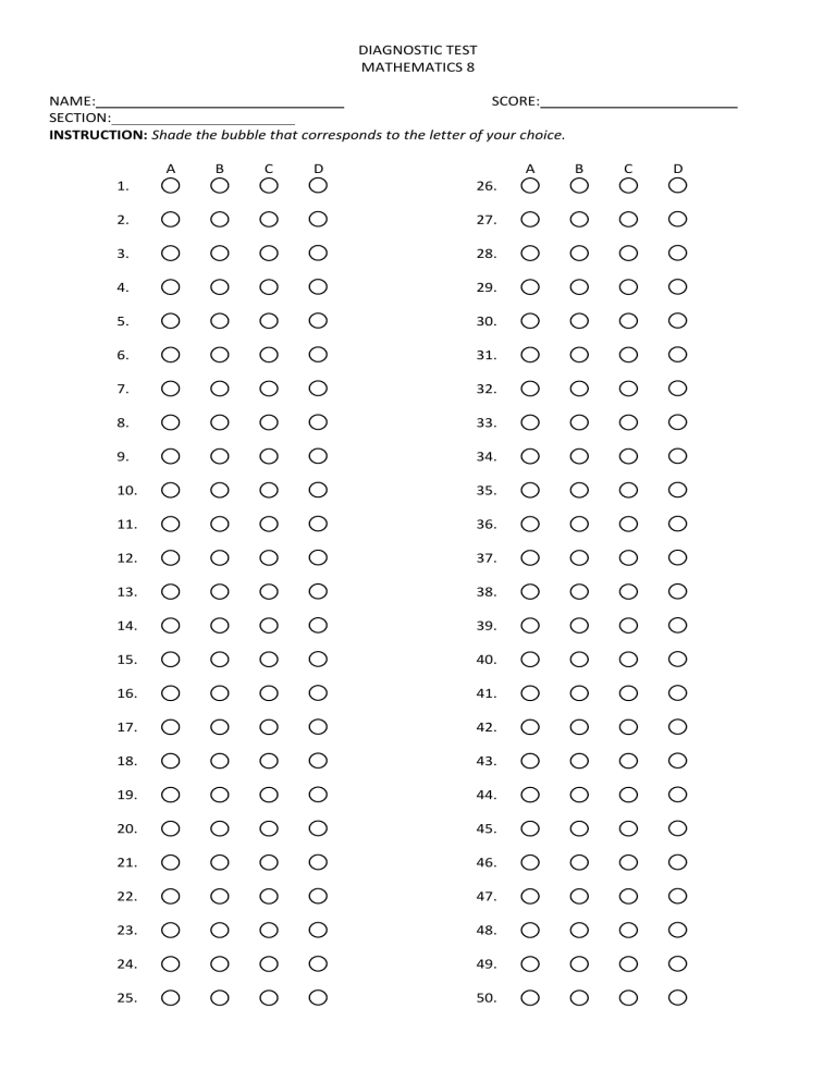 Mathematics 8 Diagnostic Test