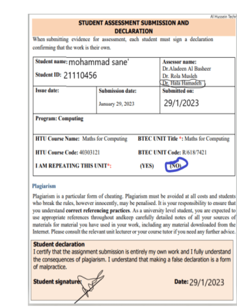 Student Assessment Submission & Declaration - Computing