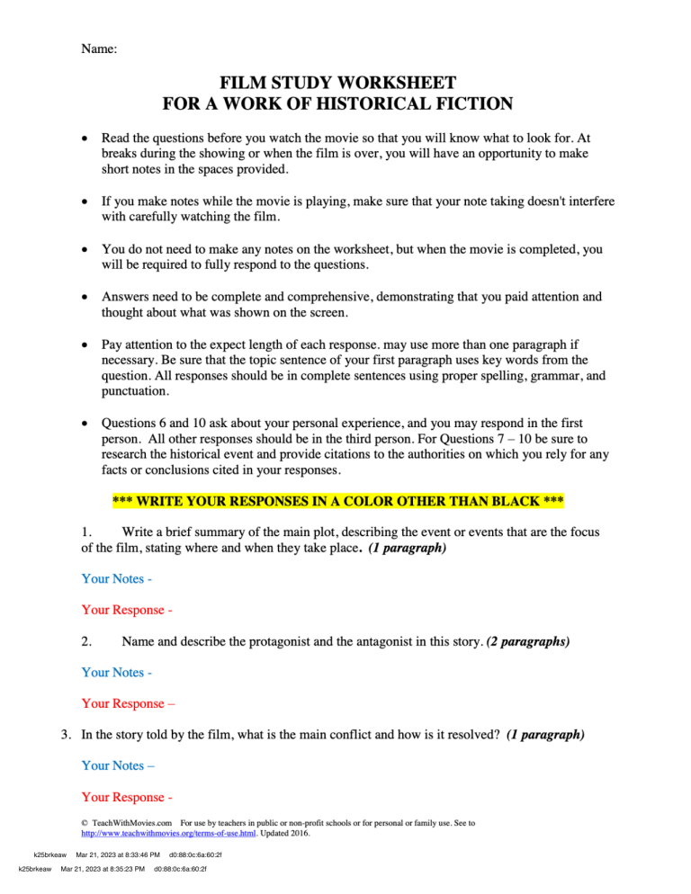 Film Study Worksheet: Historical Fiction Analysis