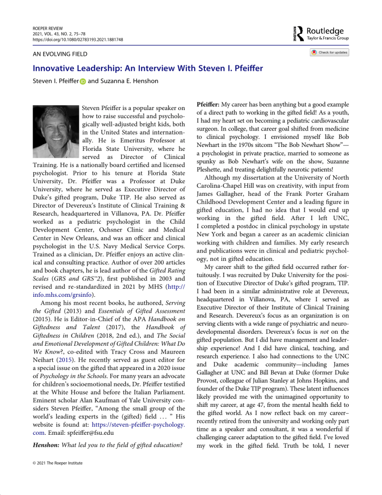 Innovative Leadership An Interview With Steven I. Pfeiffer
