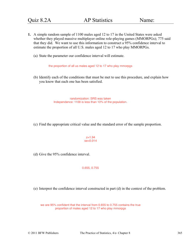 AP Statistics Quiz: Confidence Intervals