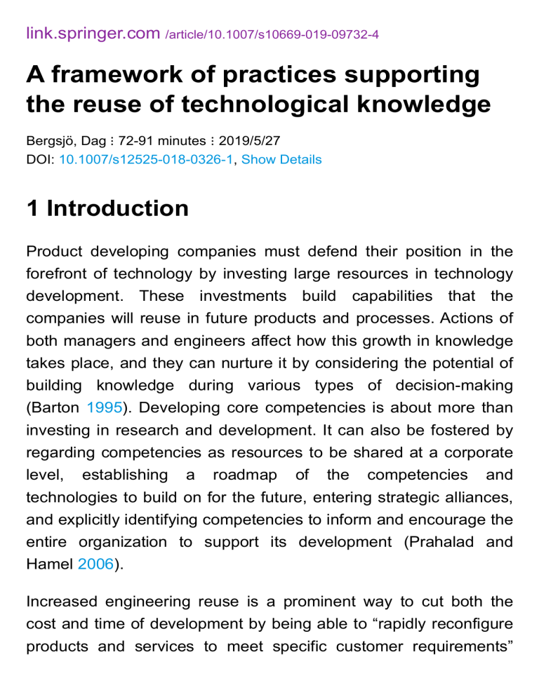 A framework of practices supporting the reuse of technological knowledge Reader View
