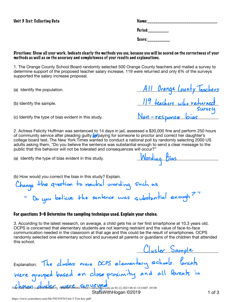 Unit 3 Collecting Data Test: Sampling & Bias