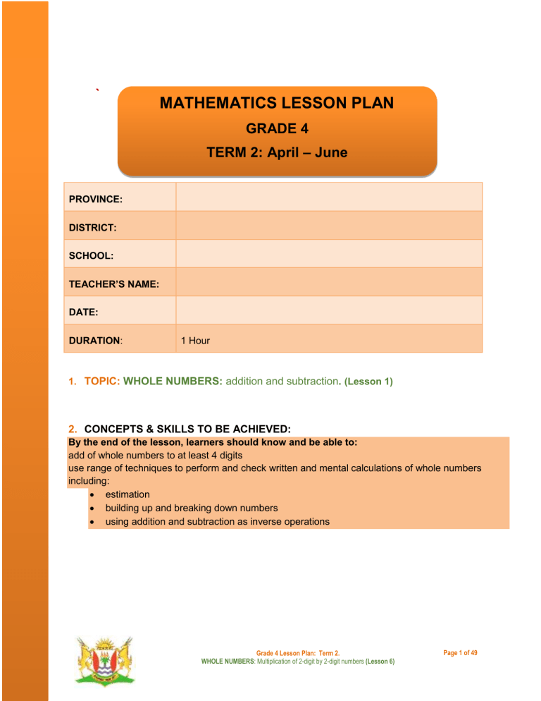 Maths Grade 4 Lesson plans