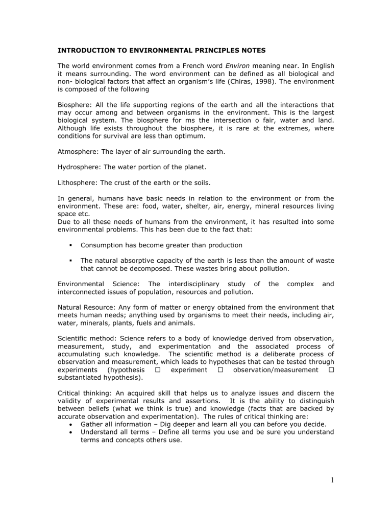 Environmental Principles: Notes on Key Concepts & Issues