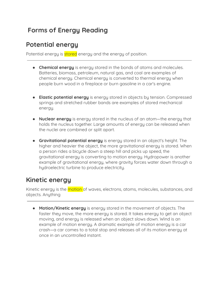 Forms Of Energy Reading Notes