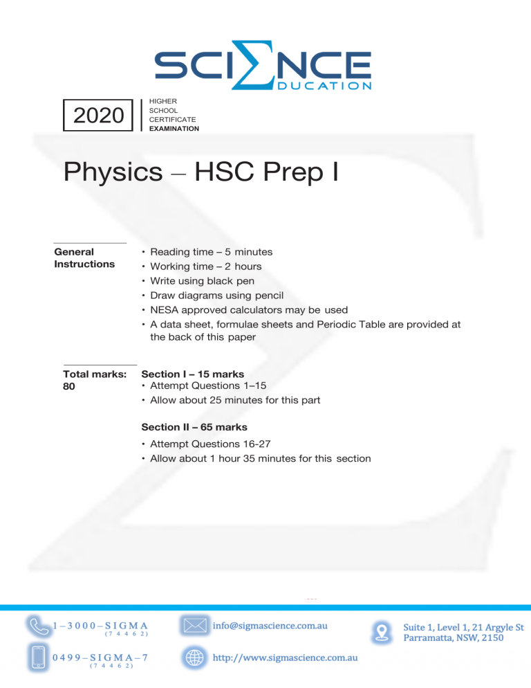 Physics HSC Prep Exam: Questions & Instructions