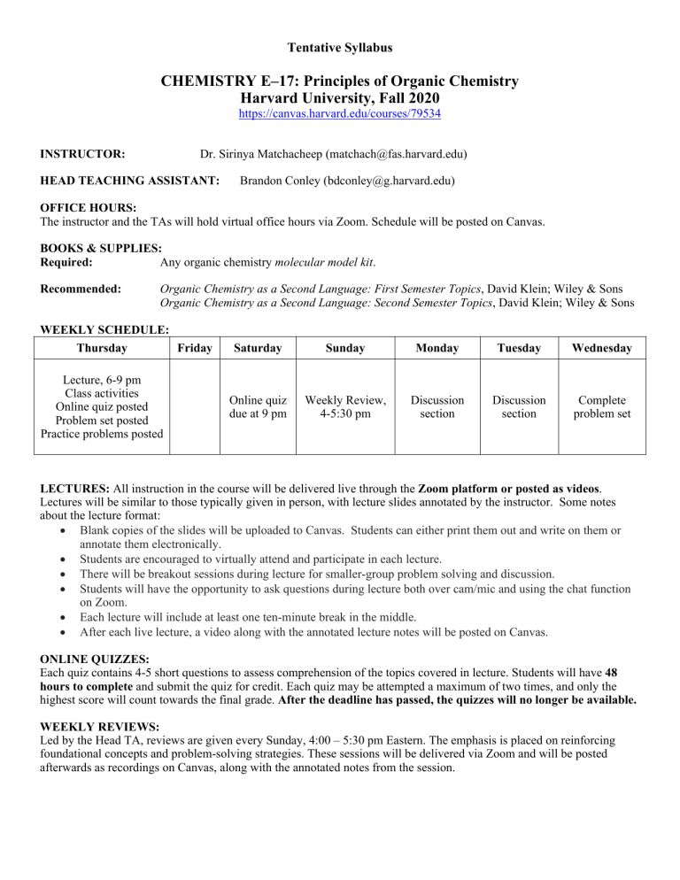 Chemistry E-17 Syllabus: Organic Chemistry Principles