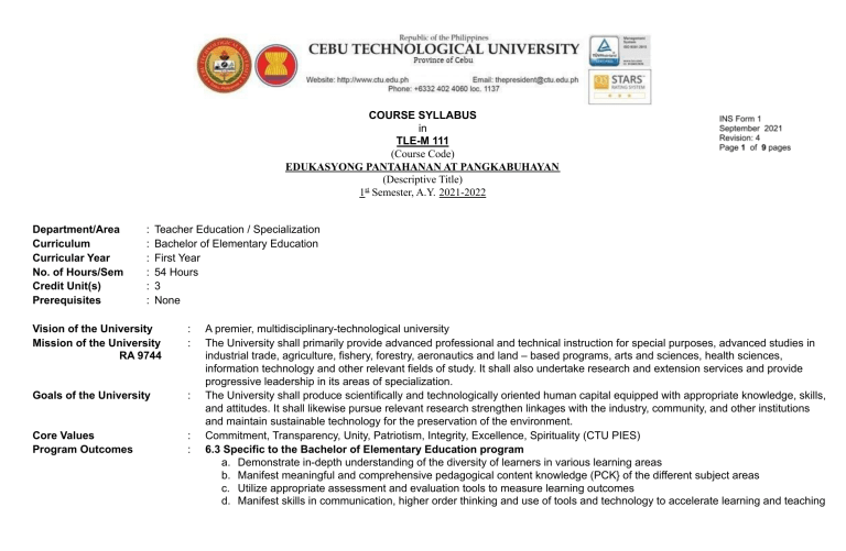 TLE-M 111 Course Syllabus: Technology & Livelihood Education