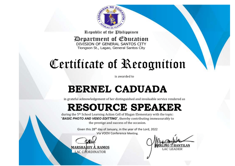 Certificate Of Recognition Resource Speaker Education