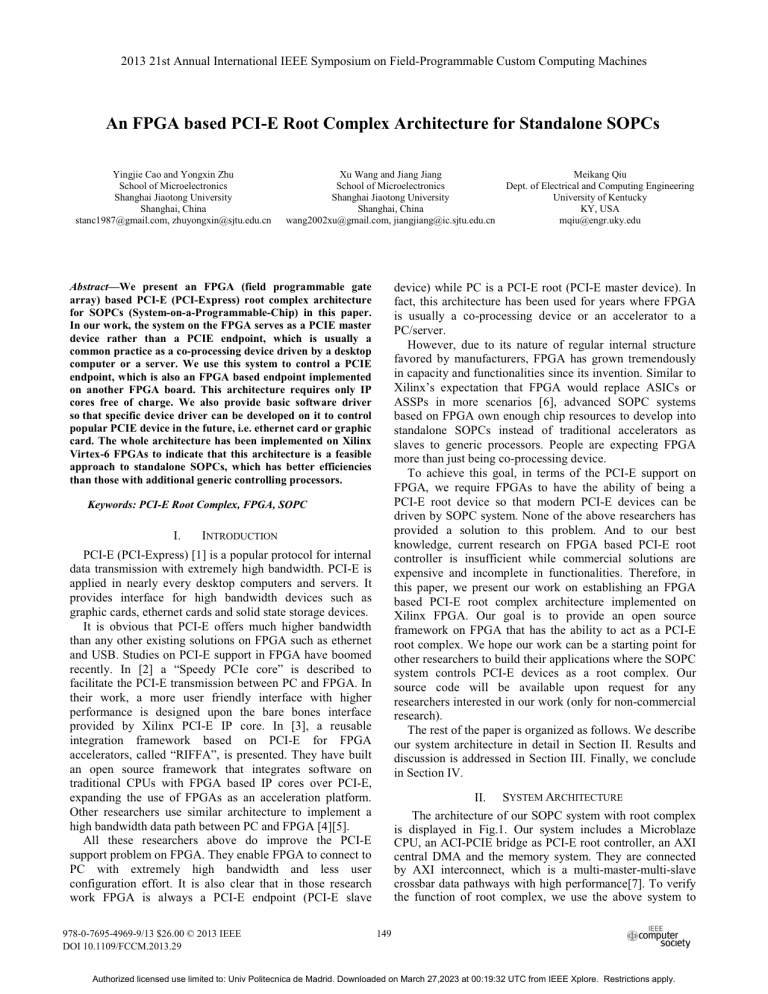 FPGA PCI-E Root Complex Architecture for Standalone SOPCs