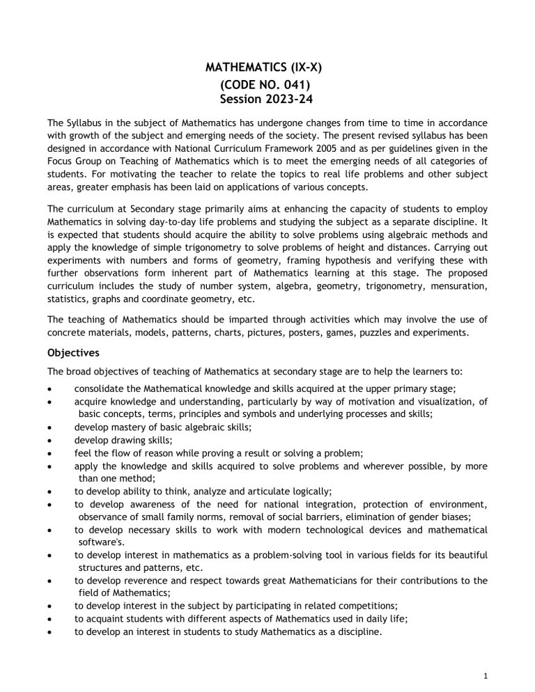 Mathematics Syllabus IX-X: Curriculum & Objectives