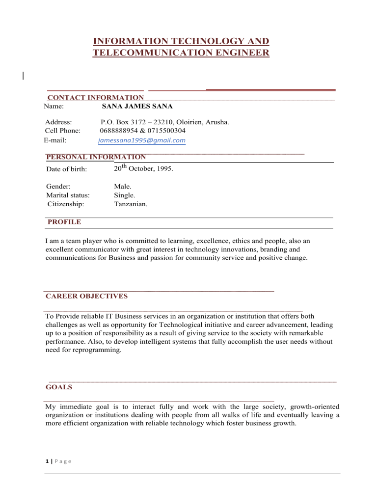 IT & Telecommunication Engineer Resume - Sana James Sana