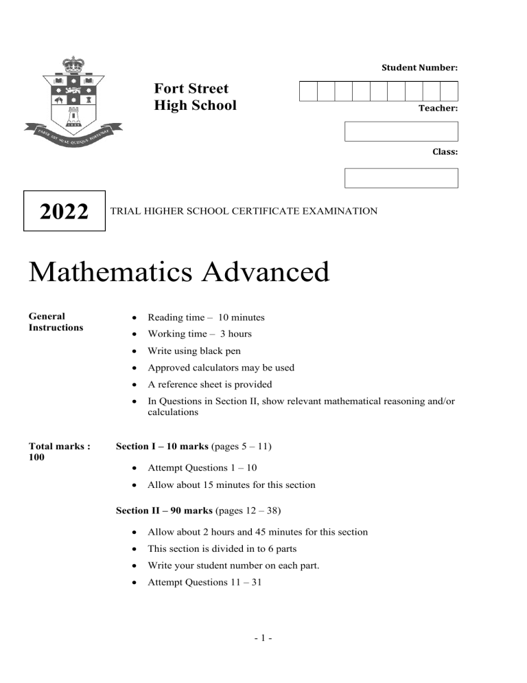 Mathematics Advanced Exam Paper - High School