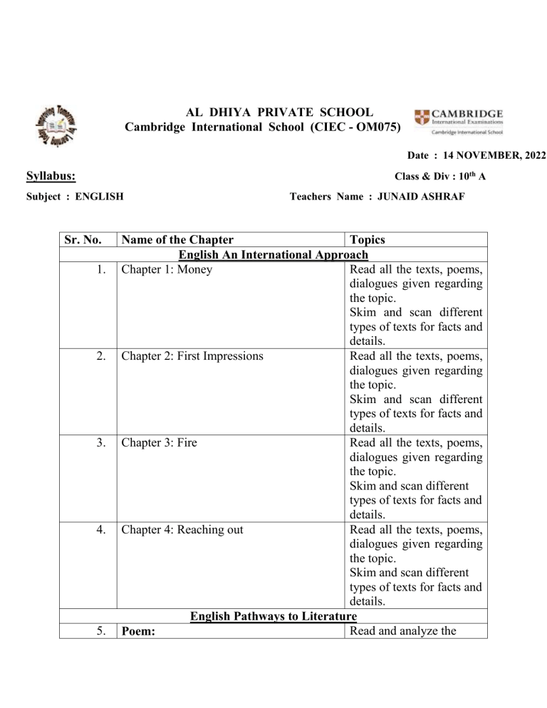 Syllabus Of English For Grade 10 A