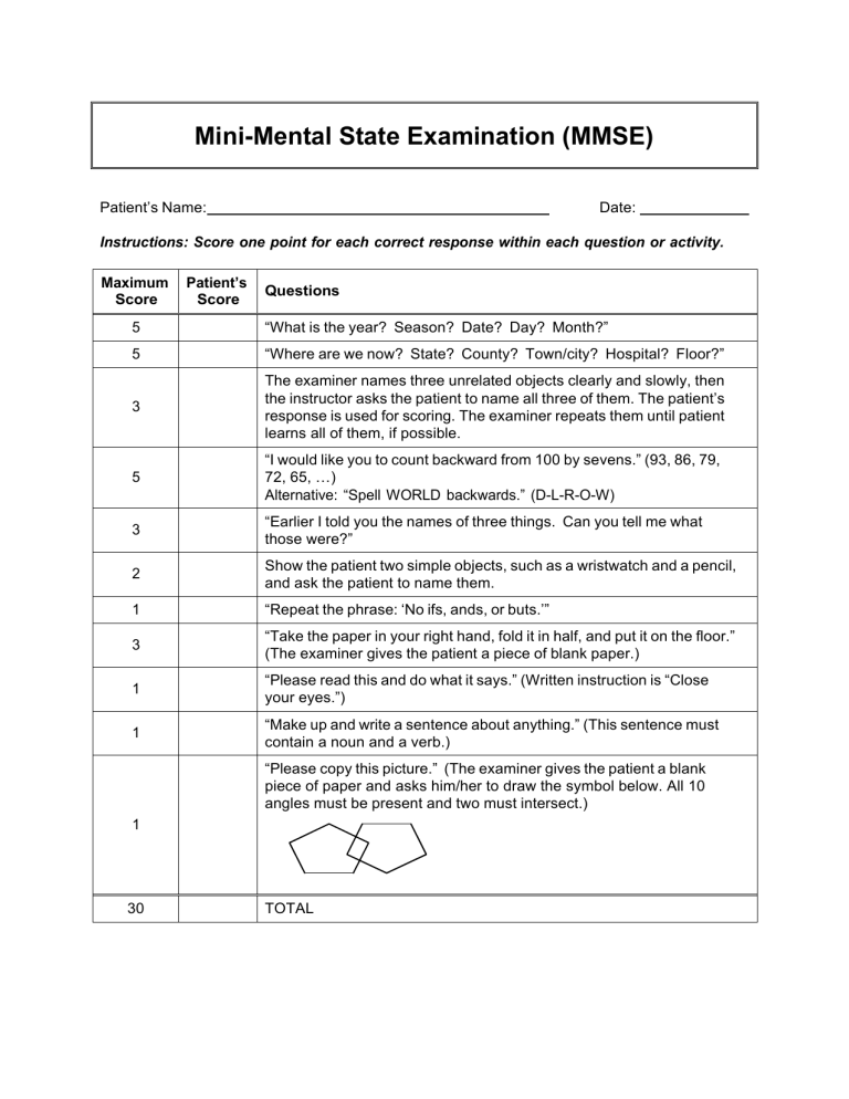 Mini Mental State Exam MMSE Form