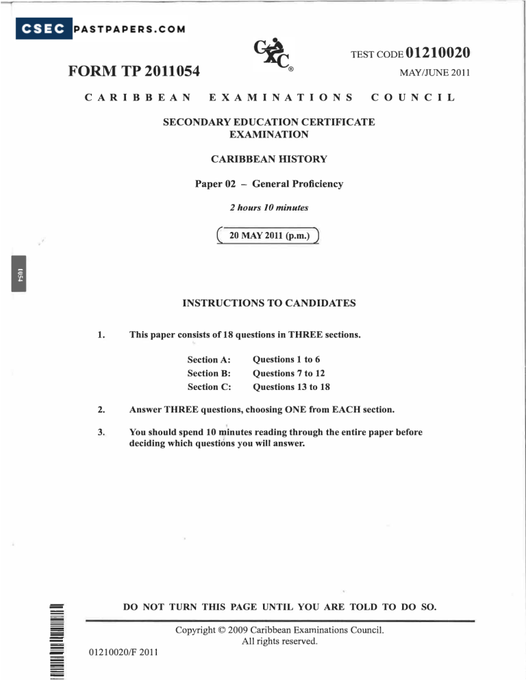 Caribbean History Exam Paper - Secondary Education Certificate