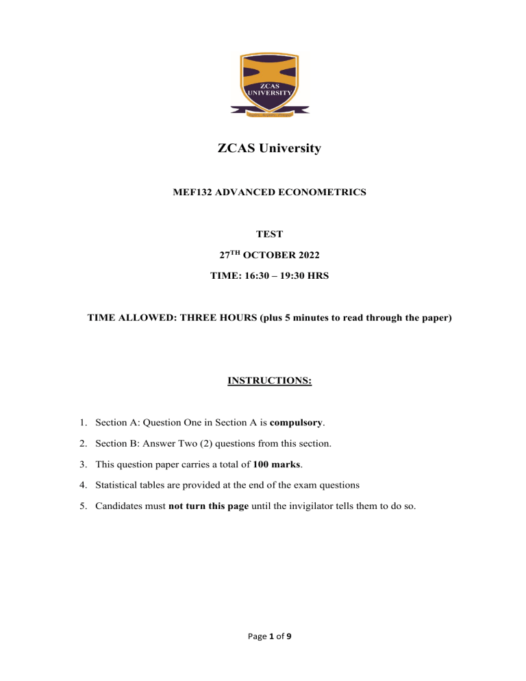 Advanced Econometrics Exam Paper
