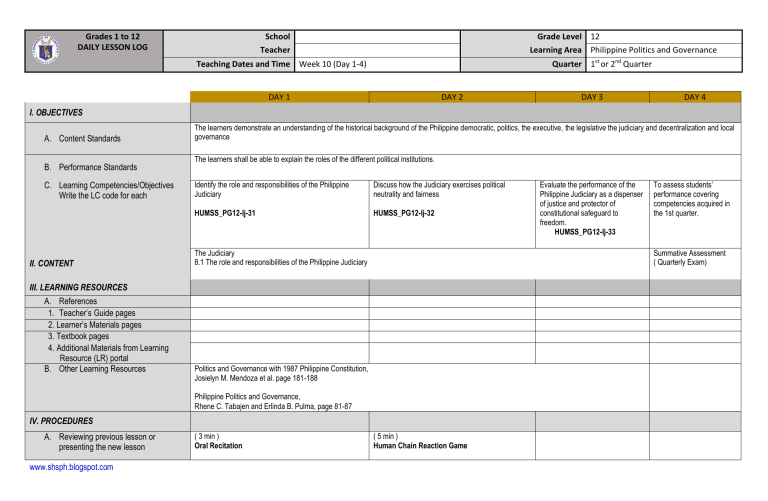 Philippine Judiciary: Grade 12 Daily Lesson Log