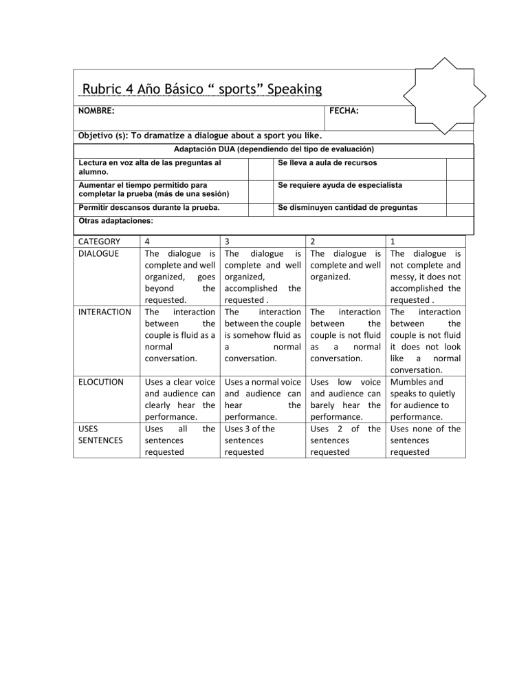 4th Grade Sports Speaking Rubric