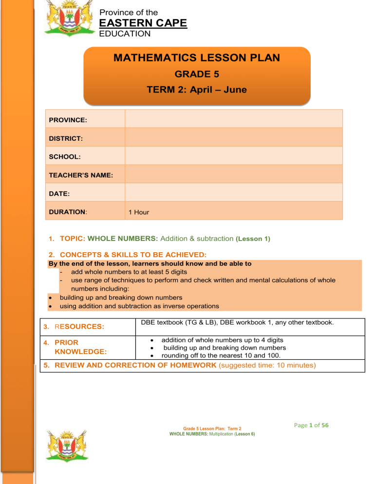 Maths Grade 5 Lesson Plans Term 2