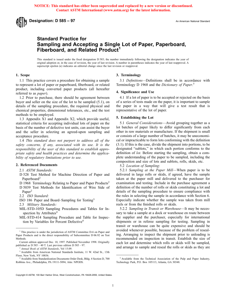 ASTM D 585-97: Paper Sampling Standard Practice