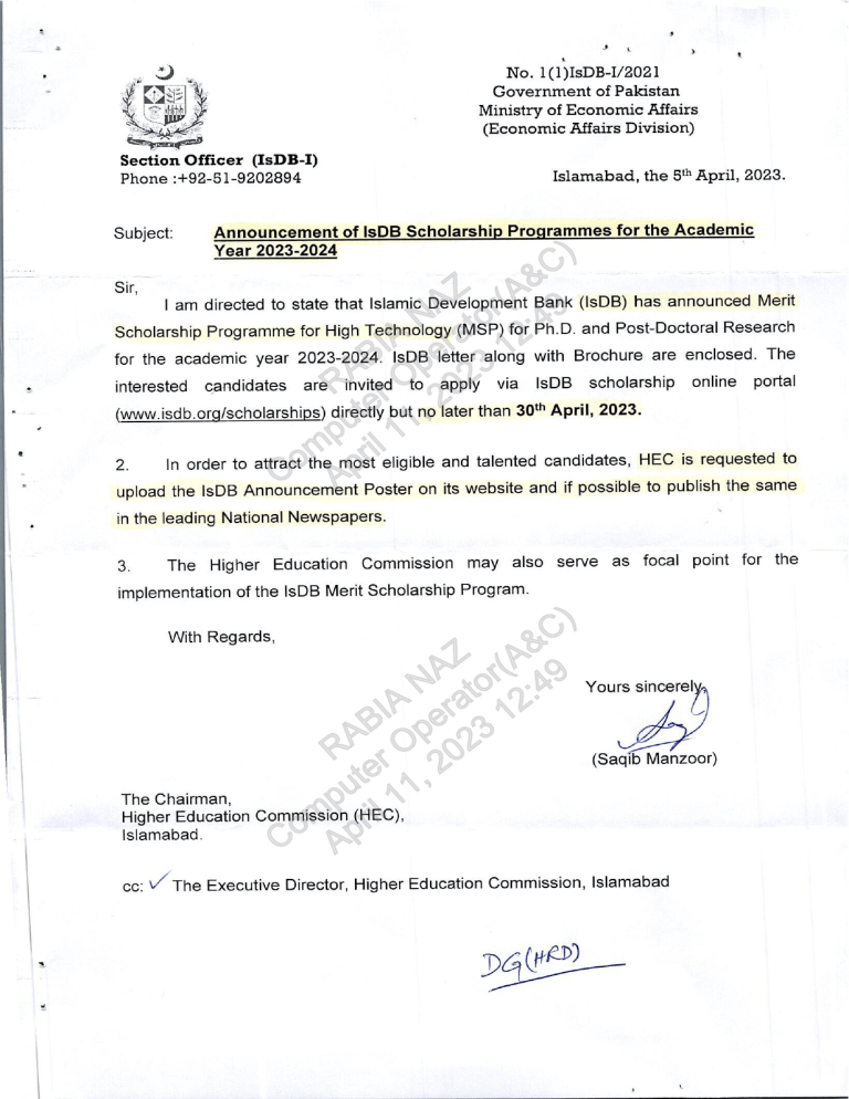 IsDB Scholarship Announcement 2023-2024