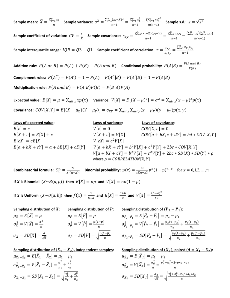 Statistics Formula Sheet: Key Equations & Concepts