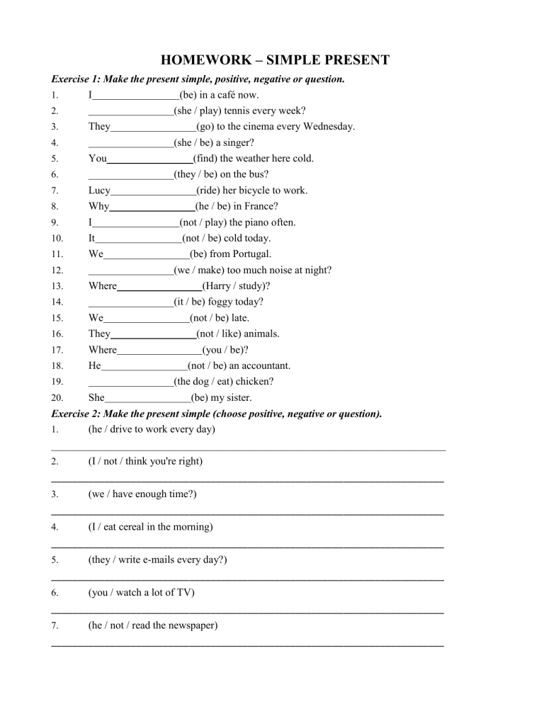 Simple Present Tense Homework: English Grammar Exercises