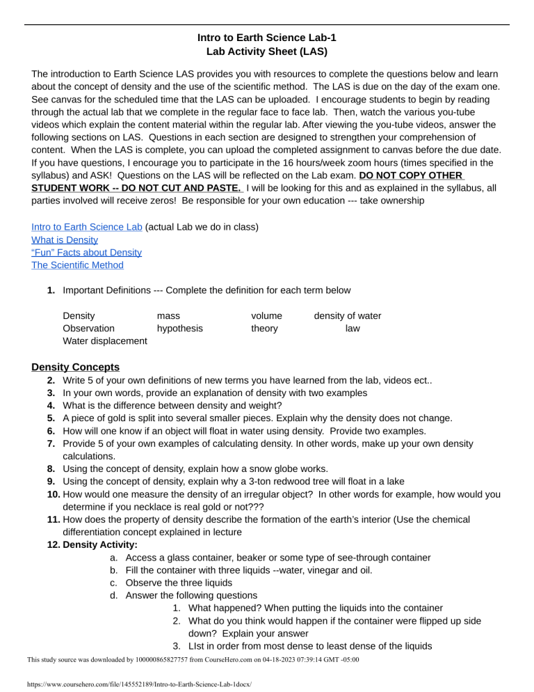 Earth Science Lab: Density & Scientific Method Activity