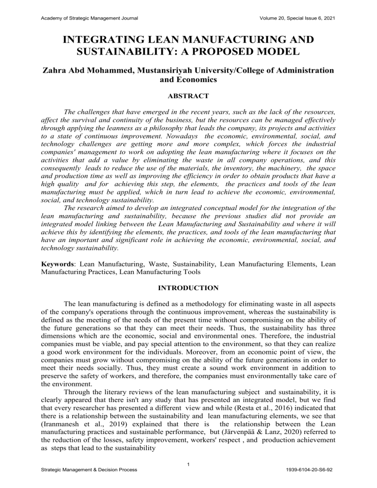 Lean Manufacturing & Sustainability: An Integrated Model