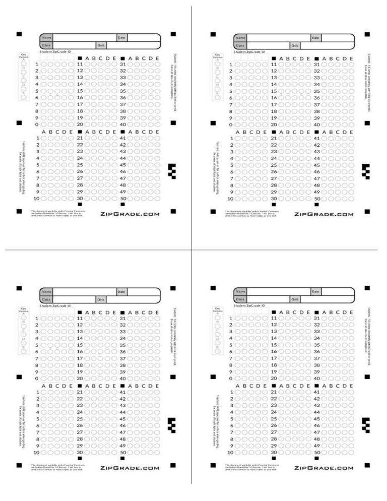ZipGrade Answer Sheet Template
