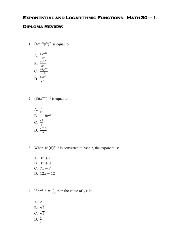 Exponential And Logarithmic Functions Diploma Review Exponential And Logarithmic Functions Diploma Review