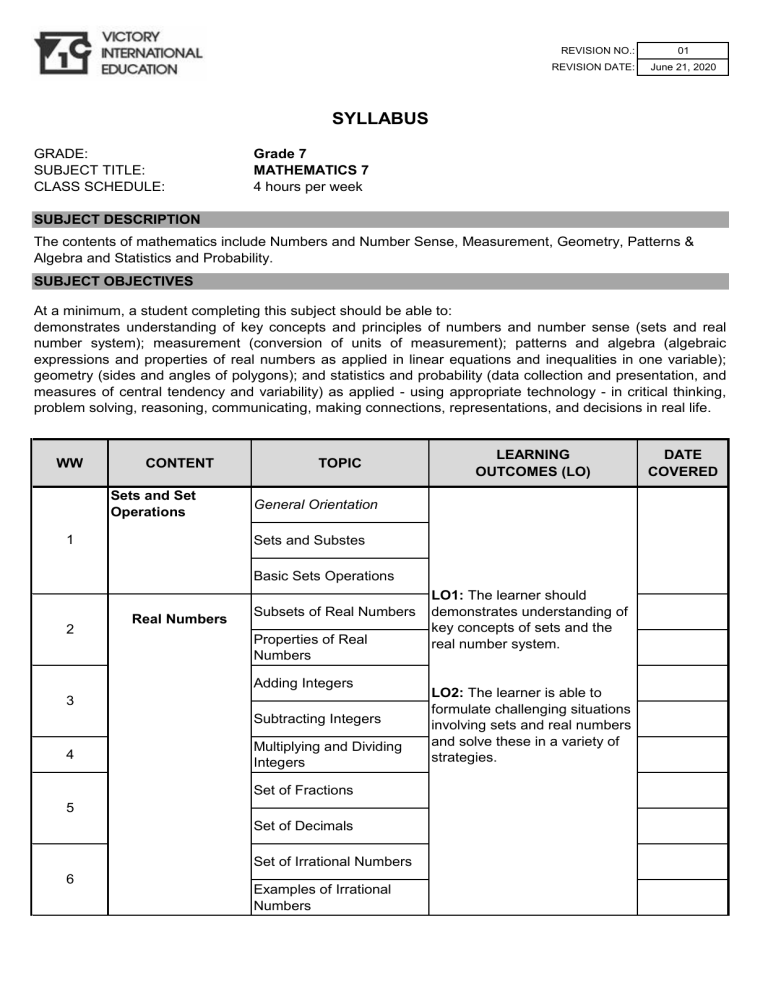 Grade 7 Mathematics Syllabus