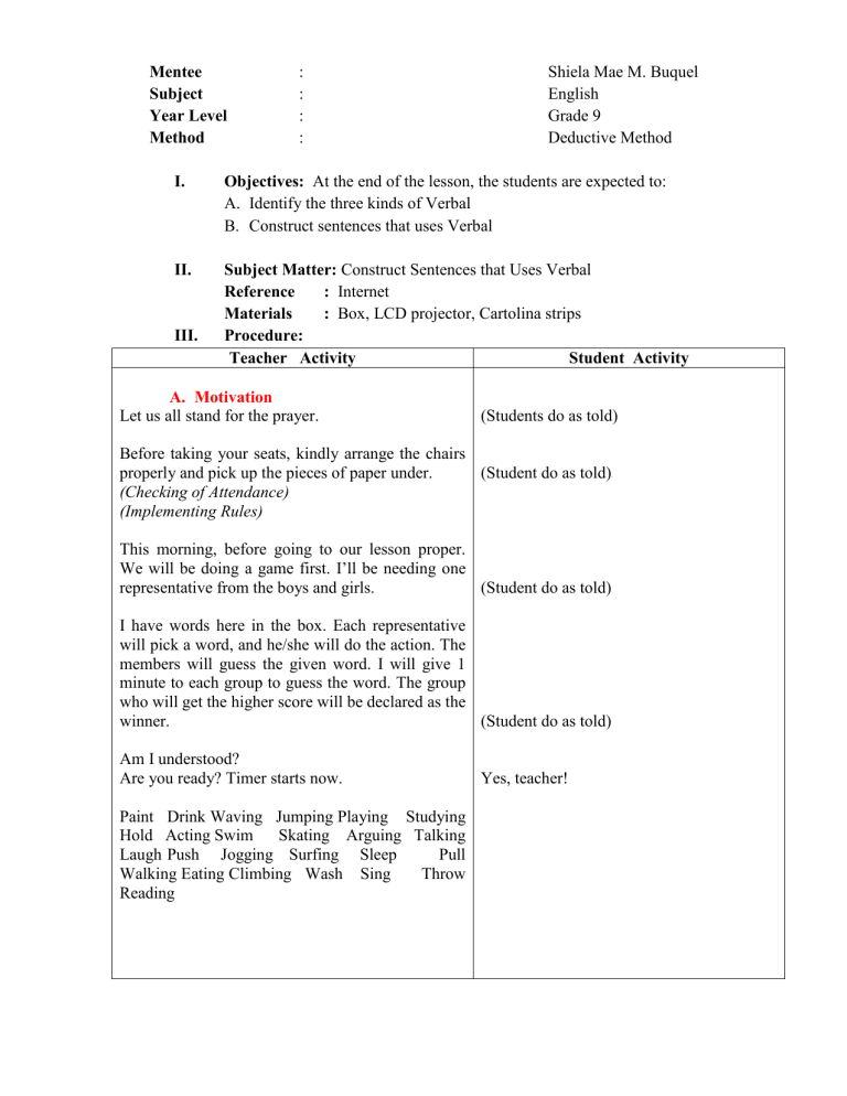 Grade 9 English Lesson Plan Verbal Phrases