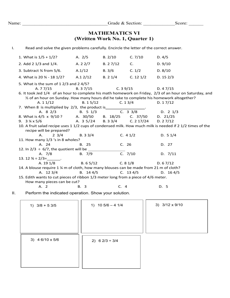 Summative Test In Math Quarter 1 Summative Test In Math Quarter 1