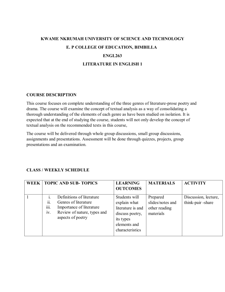COURSE OUTLINE ENGL263 COURSE OUTLINE ENGL263