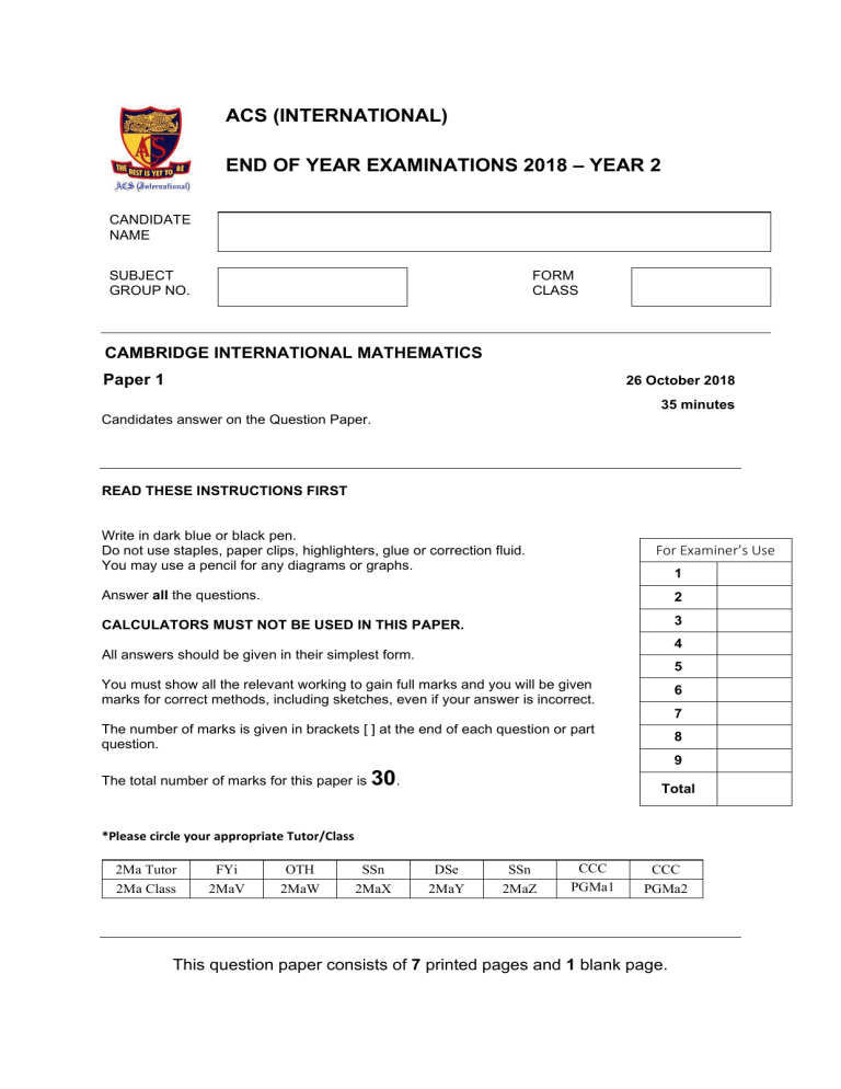 ACS End Of Year Past Year Paper Year 2 Grade 8 