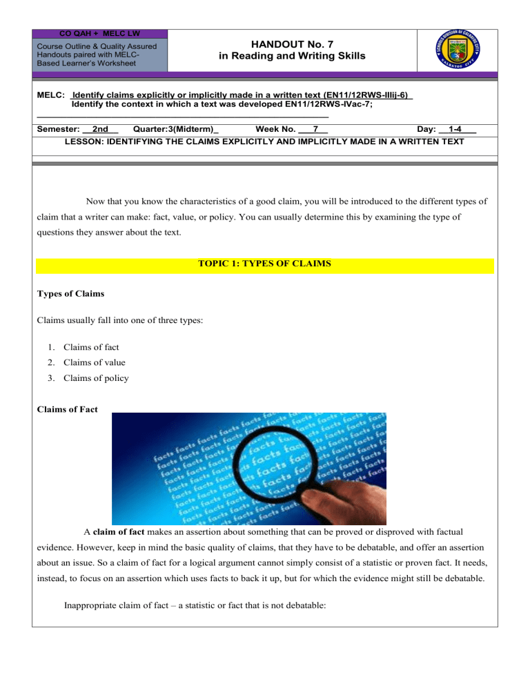 Identifying Claims in Texts: Reading & Writing Handout