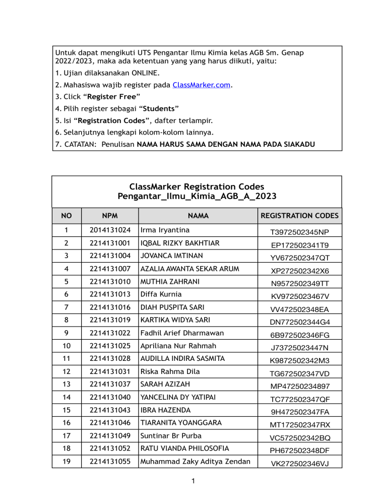 Chemistry Exam Info: ClassMarker Registration Codes