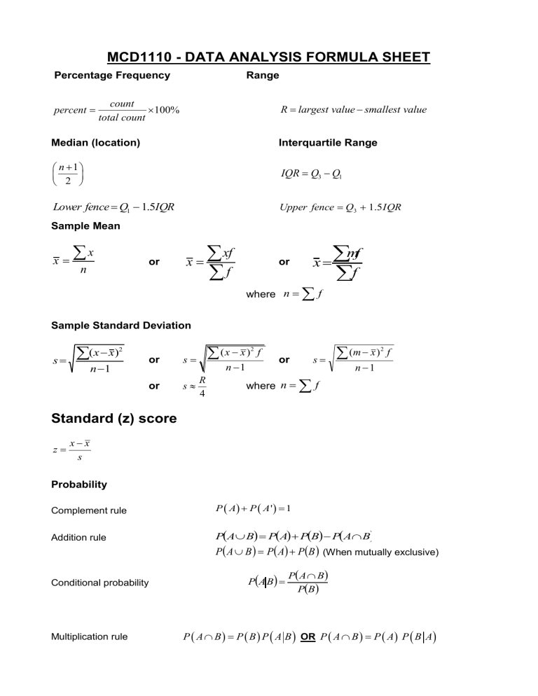 Data Analysis Formula Sheet Data Analysis Formula Sheet